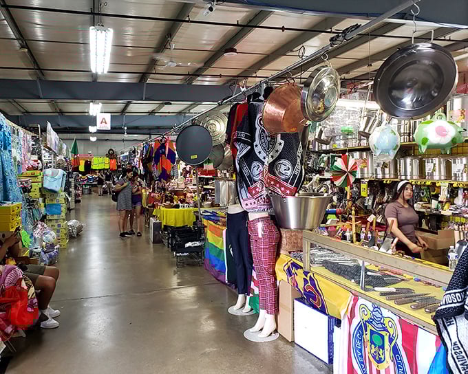 Inside 7 Mile Fair, where kitchen gadgets hang like metallic clouds and treasures wait around every corner.