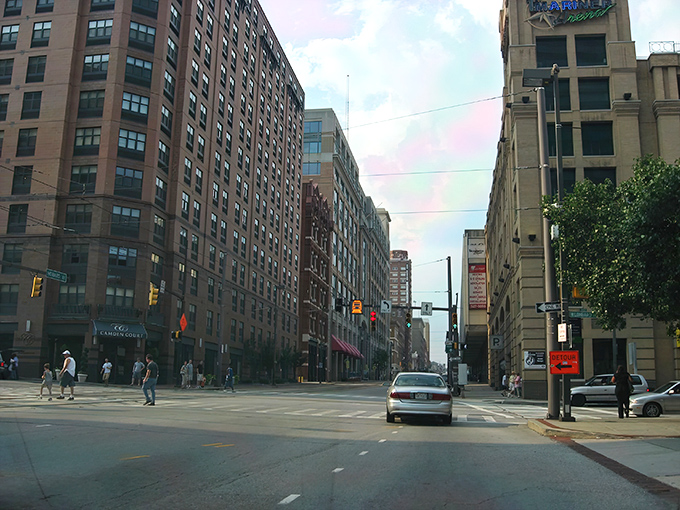Downtown Baltimore's urban canyon of historic buildings creates a dramatic cityscape where affordable row homes hide in plain sight.