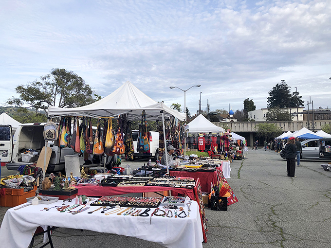Treasure hunting paradise! White tents and colorful merchandise create the perfect weekend adventure at Berkeley's beloved flea market.