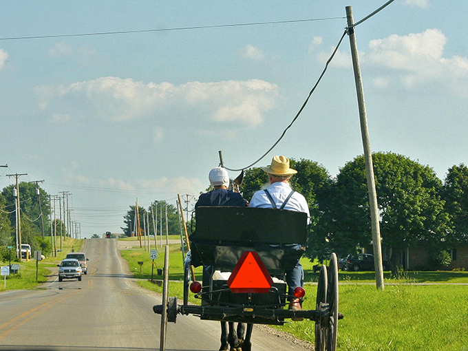 Where time slows down: An Amish buggy shares the road with modern vehicles, a perfect snapshot of two worlds coexisting peacefully.