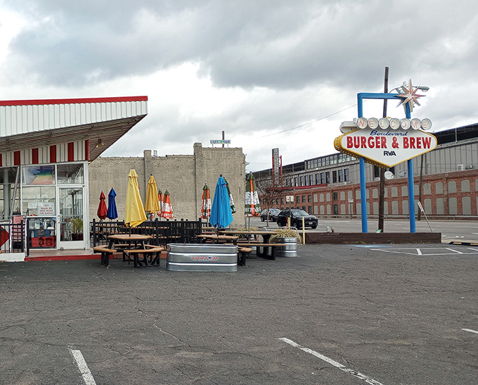 Boulevard Burger & Brew's retro-Vegas sign promises burgers with swagger. Like finding a time machine that delivers both nostalgia and perfect patties.