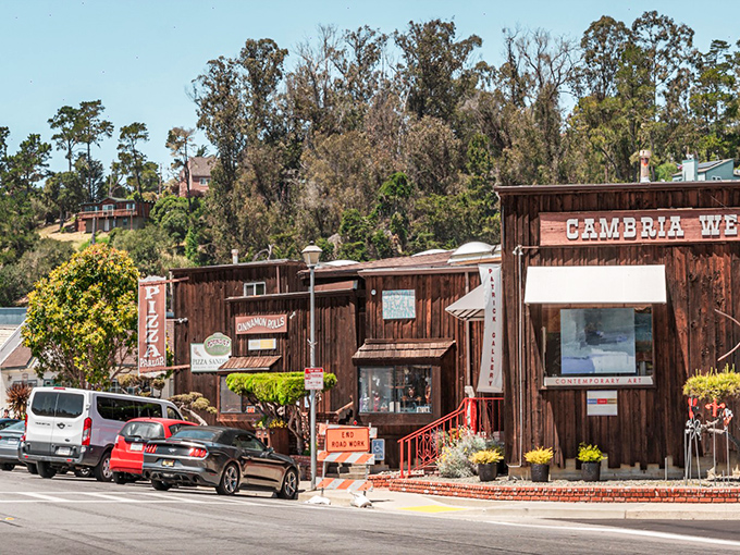 Wooden storefronts that look like they're auditioning for a Western movie. Cambria's rustic charm is the real star here.