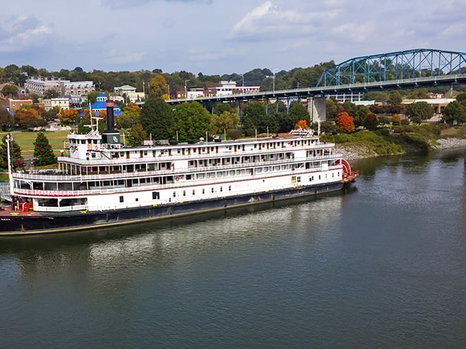 Like a scene from "Show Boat," this majestic riverboat glides past Chattanooga's scenic waterfront with timeless grace.