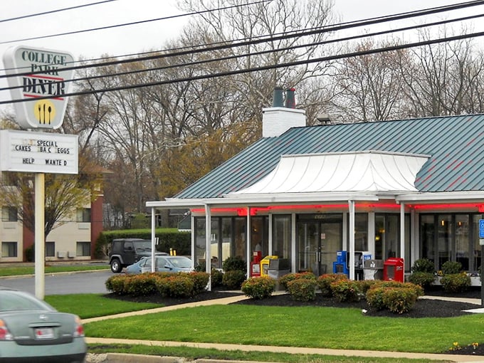 College Park Diner (exterior): "Classic Americana on a plate! This gleaming diner promises pancakes the size of your dreams and coffee that keeps flowing like conversation."