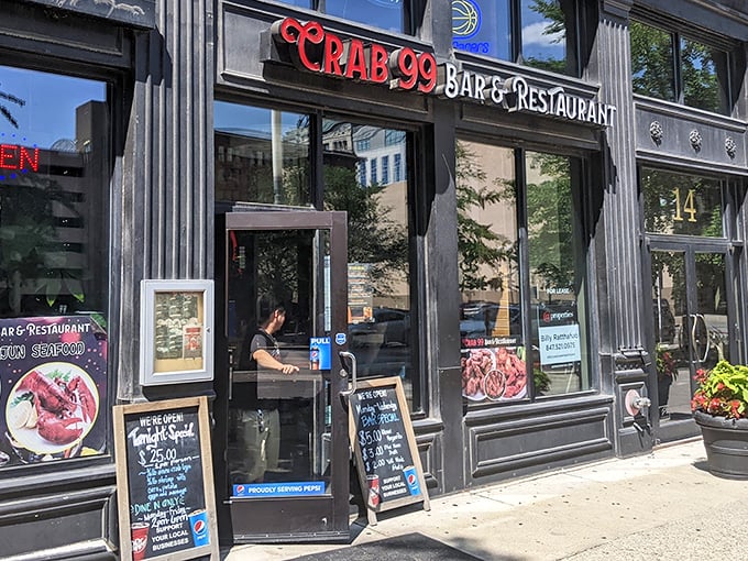 The bright red Crab 99 sign beckons seafood lovers like a lighthouse for the hungry. Downtown Indy's answer to coastal cravings!