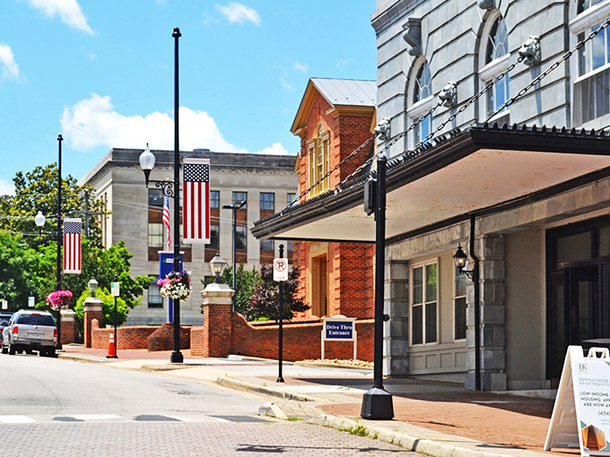 Danville's historic downtown welcomes you with American flags and classic brick buildings that whisper stories of yesteryear.