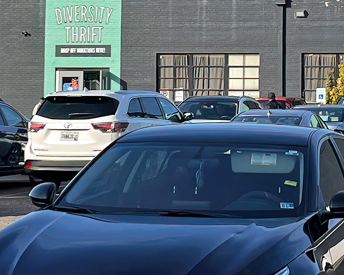 The mint-green facade of Diversity Thrift stands out like a beacon of bargain hope in Richmond's urban landscape.