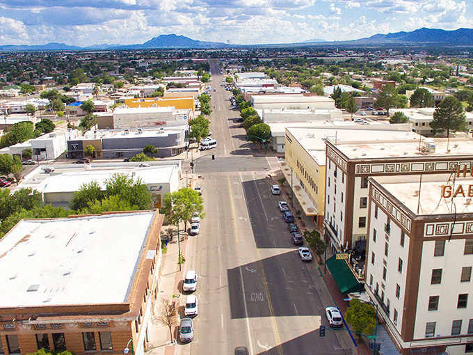 Downtown Douglas stretches toward the horizon, where historic buildings and mountain views create Arizona's perfect border town postcard.
