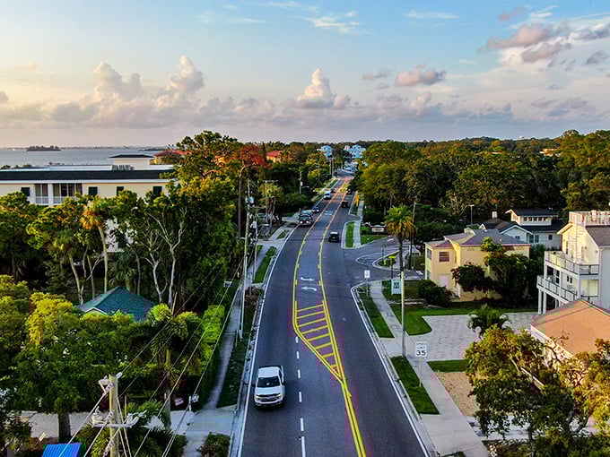 Here's where small-town dreams meet Gulf Coast reality - Dunedin's tree-lined causeway beckoning like a postcard from paradise.