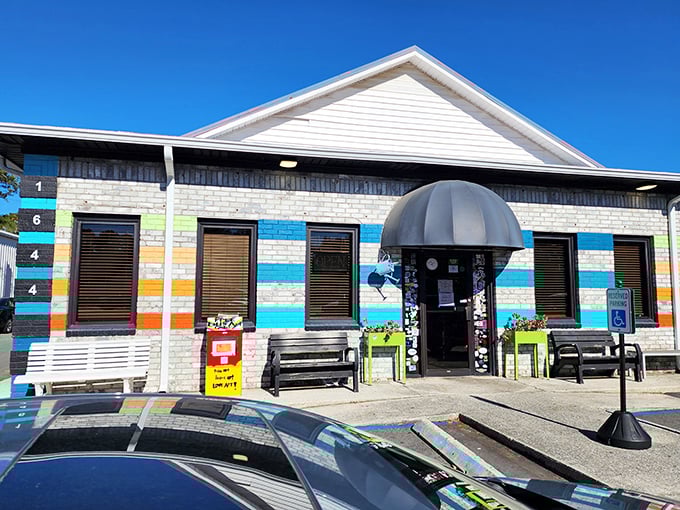 Early Bird Diner's rainbow-striped exterior isn't just eye-catching&mdash;it's a promise that breakfast here will be anything but boring.