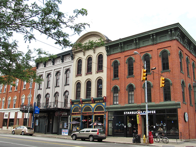 Historic brick buildings line Erie's State Street, where small-town charm meets lakeside vibes. A perfect starting point for your Lake Erie adventure!