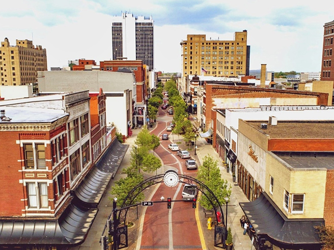 Downtown Evansville's brick-lined walkway creates a charming pedestrian paradise that feels like Main Street USA.