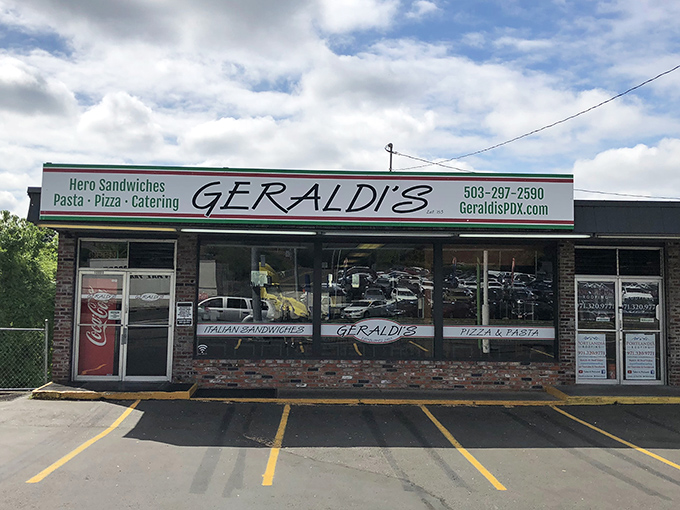 Geraldi's storefront stands proudly against the Oregon sky, promising Italian sandwich perfection without the fancy frills.