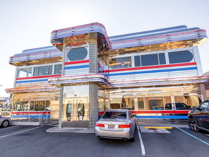 Chrome-plated nostalgia! This gleaming 1950s-style diner shines like a time machine that happens to serve incredible milkshakes.