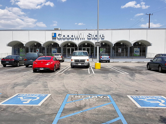 The iconic arched entrance of Goodwill's Los Angeles flagship store beckons bargain hunters like a retail Shangri-La waiting to be explored.