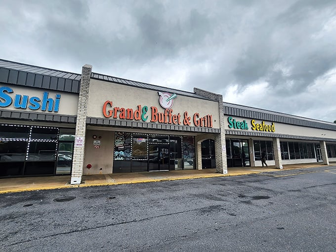 The GrandE Buffet & Grill's storefront promises a feast of epic proportions. Sushi, steak, and seafood all under one roof&mdash;it's like a United Nations of deliciousness! 