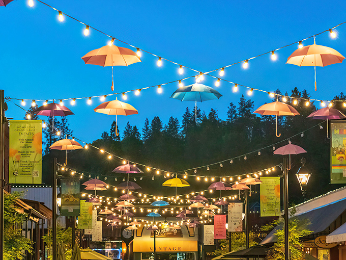 Magical evenings in Grass Valley, where string lights and colorful umbrellas transform downtown into a fairytale setting that won't break the bank.