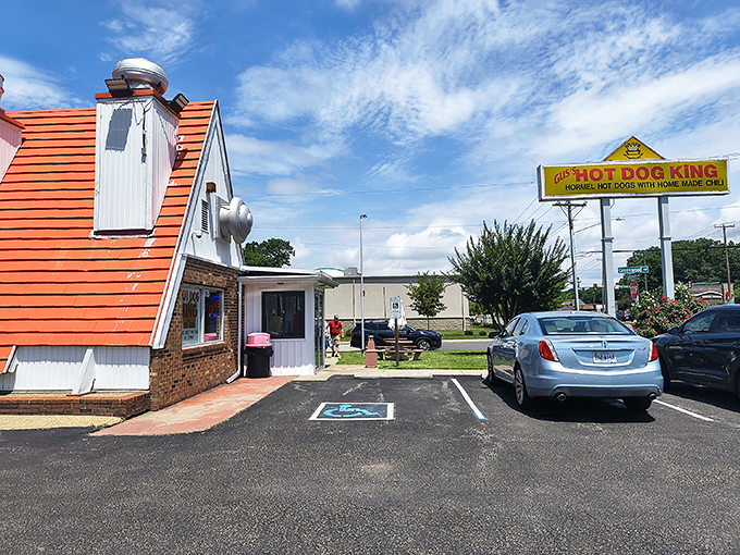 A hot dog shrine if there ever was one! Gus's orange roof and giant hot dog sign announce serious wiener business in Newport News.