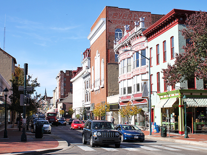 Historic downtown Hagerstown, where brick buildings and colorful storefronts create that perfect small-town atmosphere you can't help but fall in love with.