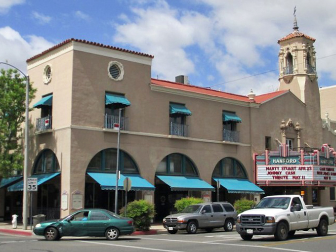 Historic Hanford's downtown charms with its classic theater marquee and Spanish-revival architecture. Small-town nostalgia with big personality!