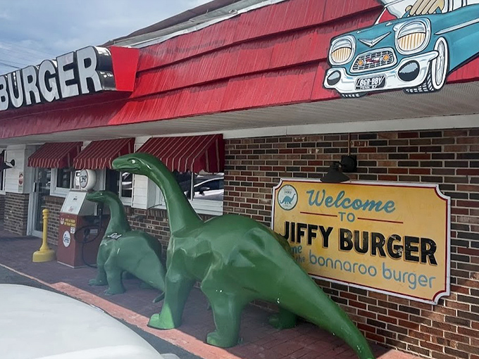 Dinosaurs guarding burgers? At Jiffy Burger, these prehistoric greeters promise a taste adventure that's anything but extinct!