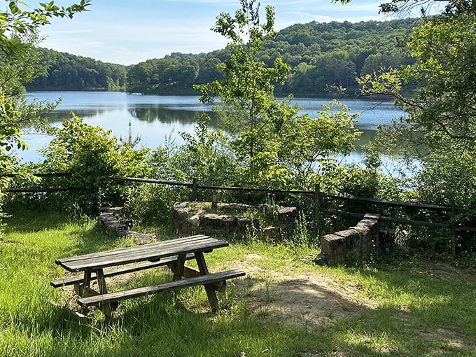 A peaceful picnic spot at Lake Hope where the water whispers secrets to the trees. Nature's dining room with a million-dollar view!