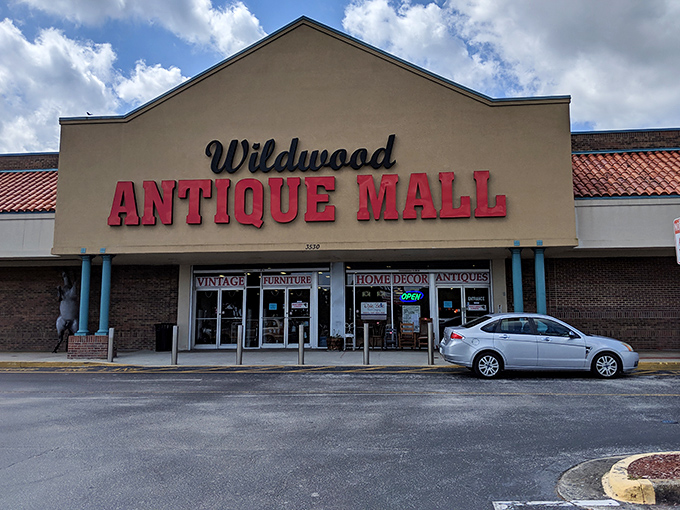 The Wildwood Antique Mall beckons with its bold red signage &ndash; a siren call to treasure hunters and nostalgia seekers alike.
