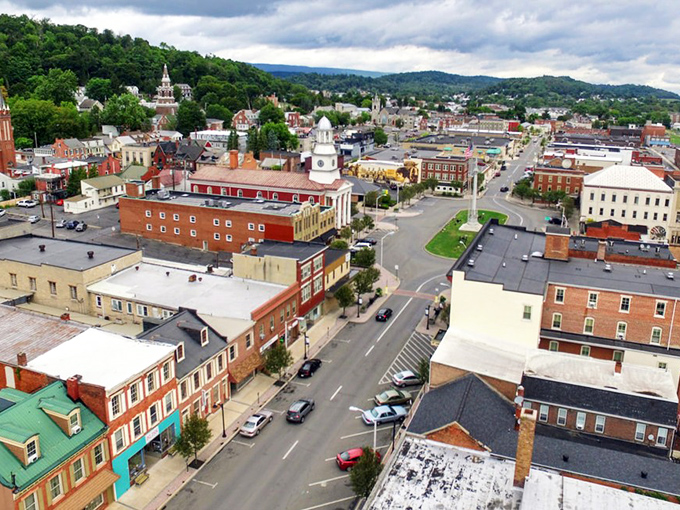 Lewistown's historic downtown stretches beneath rolling hills, where brick buildings tell stories older than most of its residents.