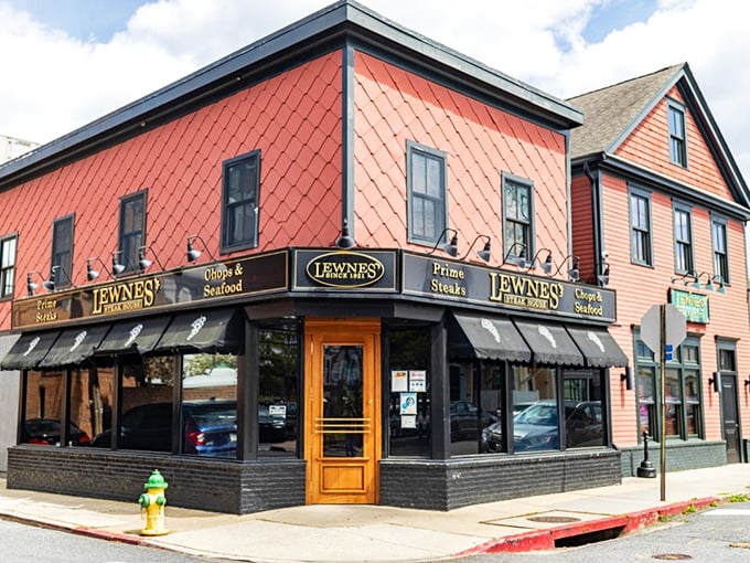 The iconic corner building of Lewnes' Steakhouse stands proudly in Annapolis, promising prime steaks and seafood behind that welcoming wooden door.