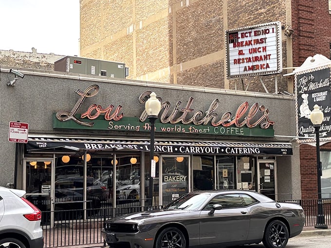 Lou Mitchell's iconic neon sign beckons hungry travelers at the start of Route 66. A Chicago breakfast institution where donut holes welcome you like old friends.