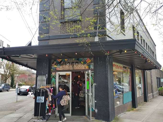 The colorful entrance to Magpie beckons like a portal to fashion's past, where vintage treasures await discovery.