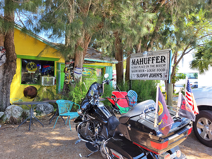 Welcome to organized chaos! Mahuffer's yellow exterior promises adventure before you even step through the door.