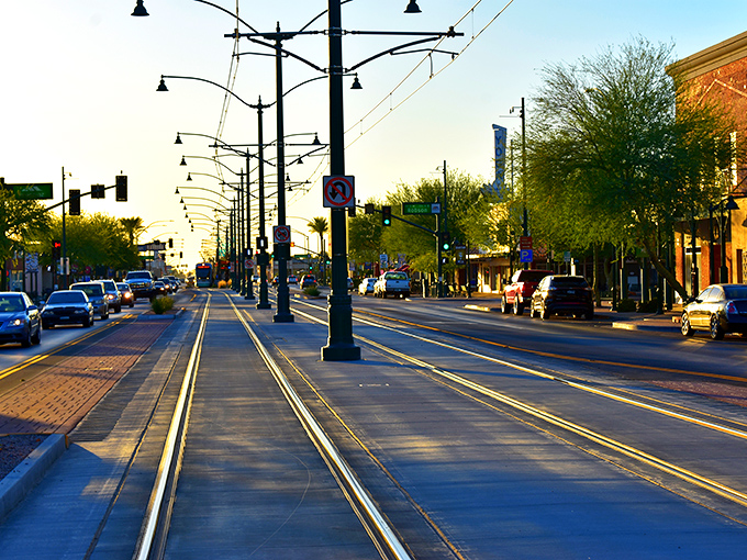 Mesa's light rail system glides through palm-lined streets, making car-free living a breeze for budget-conscious retirees.