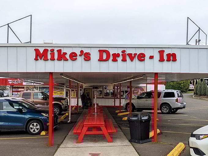 Mike's Drive-In's classic red and white exterior isn't just nostalgic&mdash;it's a time machine that happens to serve incredible burgers!