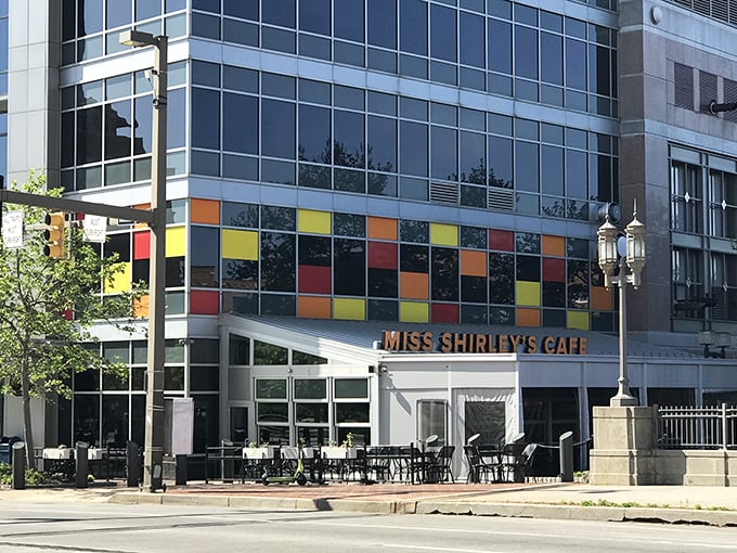 Miss Shirley's colorful facade brightens up Baltimore's Inner Harbor like a culinary rainbow after a storm of chain restaurants.