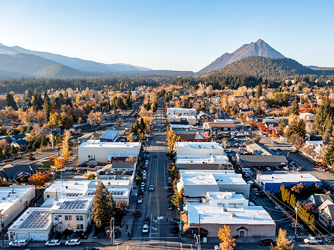 Mount Shasta's downtown basks in autumn glory with that majestic volcano standing guard like nature's own skyscraper.