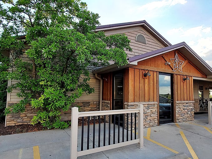 The welcoming wooden exterior of Mrs. Yoder's Kitchen beckons like a warm hug on a chilly Ohio afternoon.