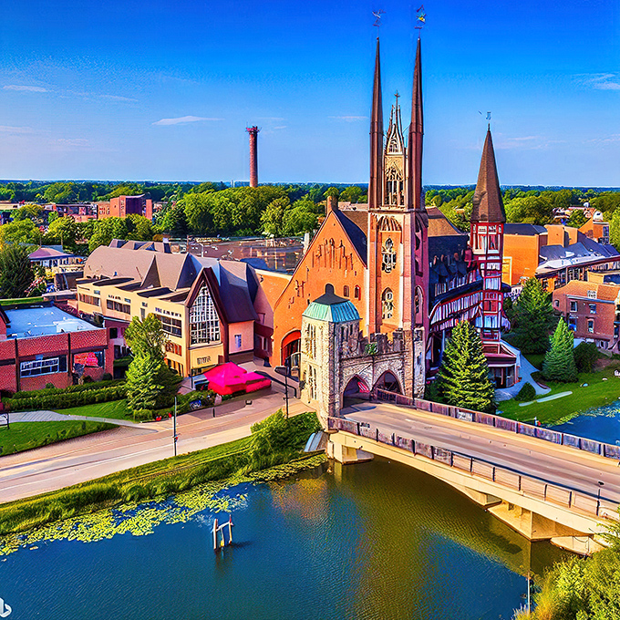 Munster's iconic St. Thomas More Church stands like a European postcard against Indiana's blue sky. Retirement never looked so picturesque!