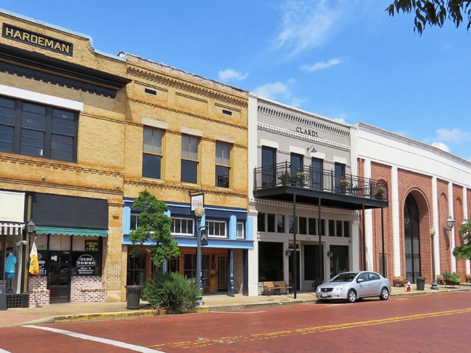 Historic brick buildings line downtown Nacogdoches, where Texas history whispers from every storefront and time slows to a gentler pace.