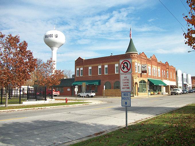 Nauvoo's historic downtown with its iconic water tower standing guard like a friendly giant watching over Route 66.