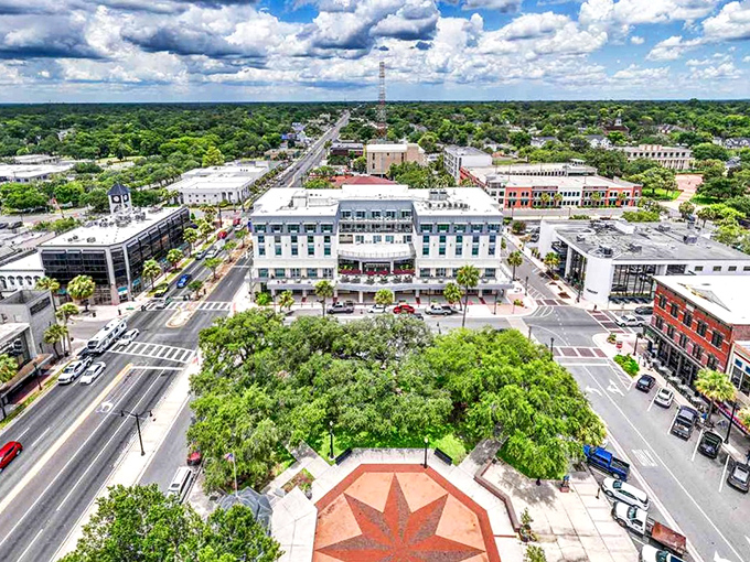 Downtown Ocala's charming town square shines under Florida's blue skies, where history meets small-town hospitality.