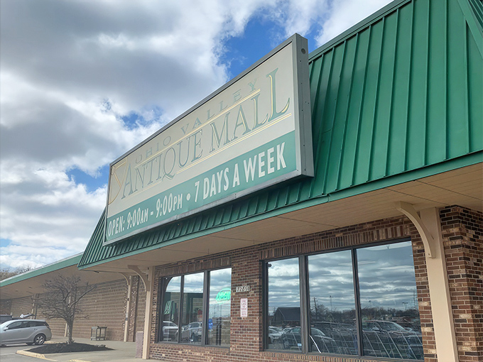 The green-roofed Ohio Valley Antique Mall beckons with seven-day-a-week treasure hunting. Like a time-travel portal disguised as a strip mall!