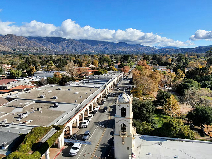 Ojai from above&mdash;where mountains cradle a Spanish-style shopping arcade like they're showing off their favorite child.