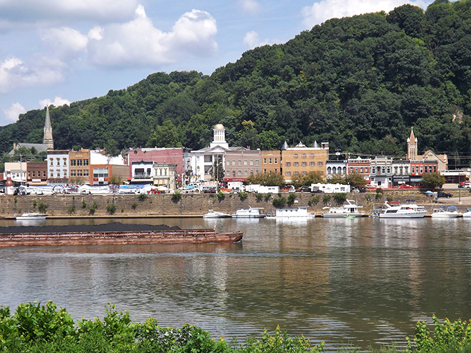 Pomeroy's riverfront charm unfolds like a storybook, with historic buildings standing proudly against green hills. The Ohio River flows by, a constant companion to this peaceful town.
