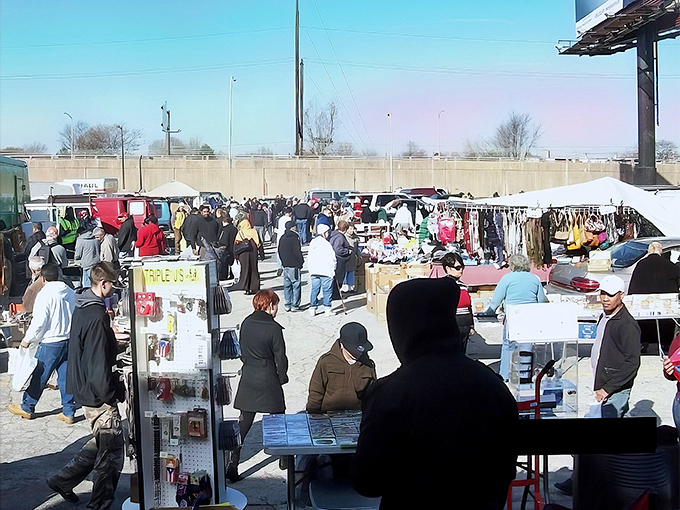 Bargain hunters paradise! The Quaker City Flea Market buzzes with energy as shoppers weave through tables of treasures under the open sky.