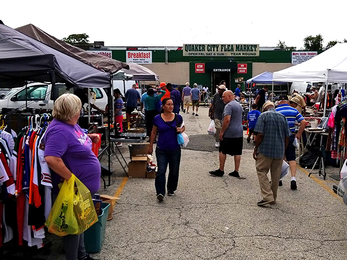 Treasure hunters navigate the bustling aisles of Quaker City Flea Market, where one person's castoffs become another's prized possessions.