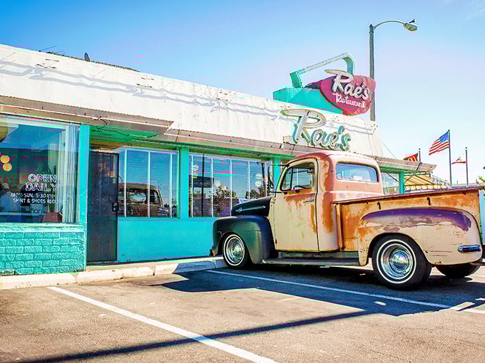 Rae's Restaurant: Turquoise dreams and vintage vibes! This Santa Monica classic with its retro pickup truck looks like a movie set where the pancakes are the real stars. 