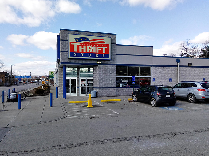 The Red White & Blue Thrift Store stands proud like a patriotic bargain beacon. Where else can you find treasures with such star-spangled savings?