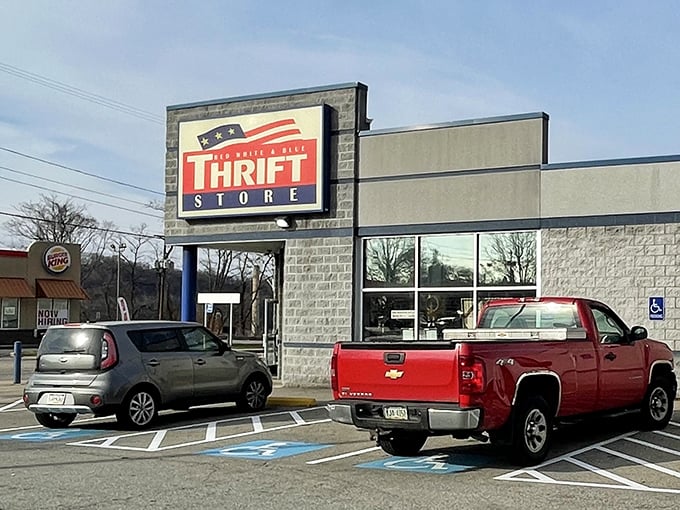 The patriotic sign of Red White & Blue Thrift Store promises treasure hunting adventures for bargain lovers of all stripes.