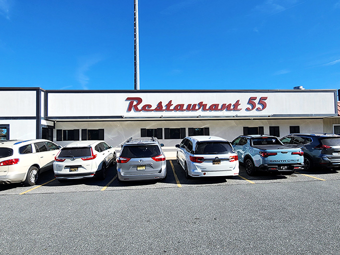 Restaurant 55's unassuming strip mall exterior hides a burger paradise within. Don't let the modest facade fool you!
